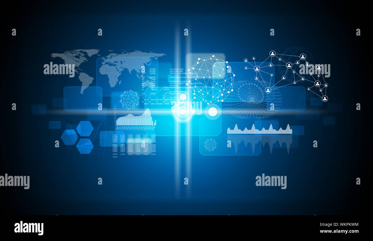 Graphs, world map, network and other elements. Technology background ...