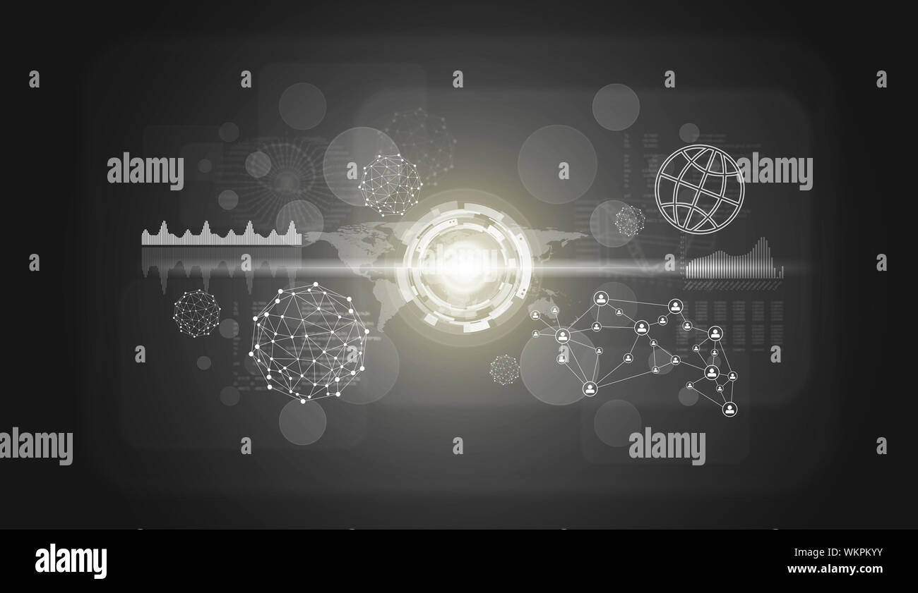 Graphs, world map, network and other elements. Technology background ...