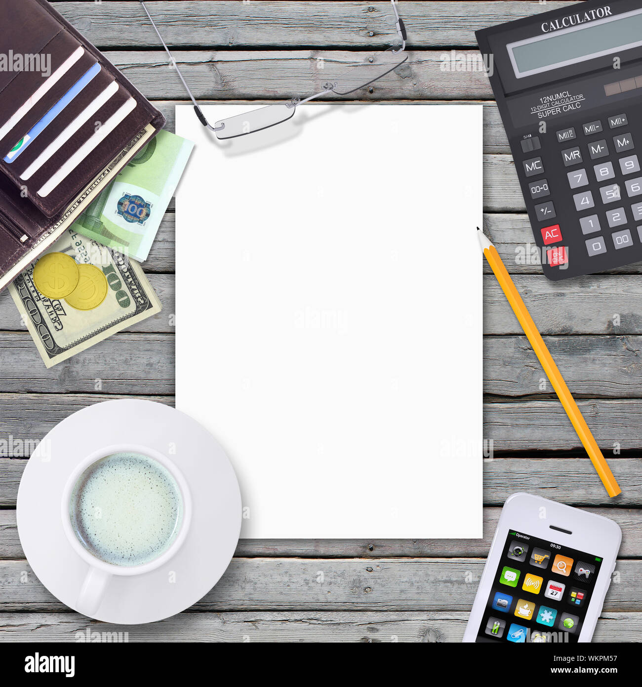 Wooden desktop. White sheet, wallet and smartphone Stock Photo - Alamy
