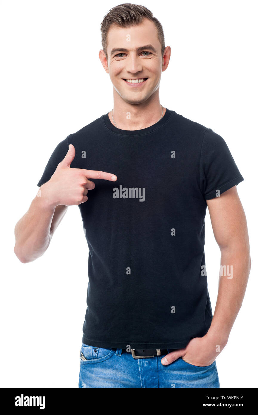 Young smiling man pointing finger at himself Stock Photo - Alamy