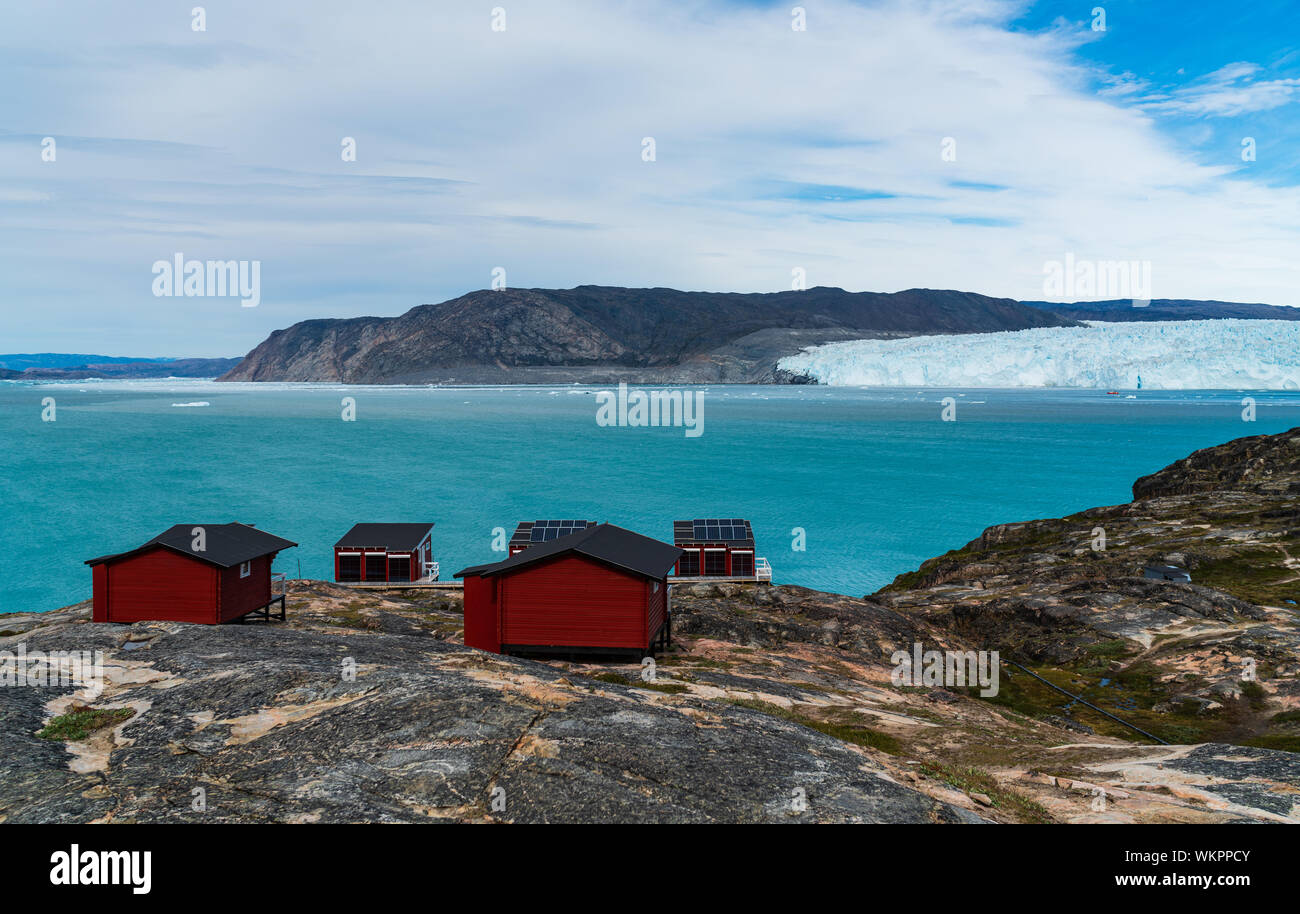 Greenland glacier nature landscape with famous Eqi glacier and lodge ...