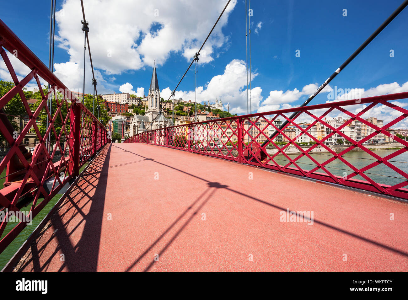 view of Lyon city from red footbridge on Saone river Stock Photo - Alamy