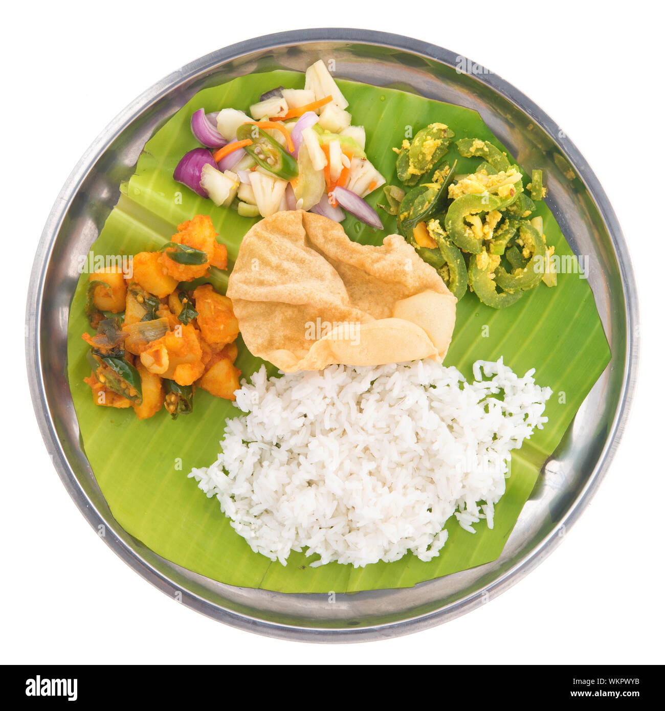 Overhead view of full length Indian vegetarian mixed rice isolated on ...