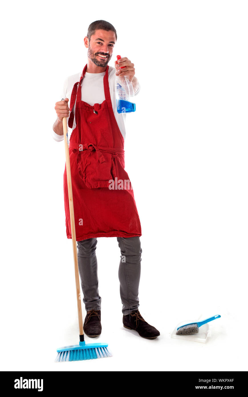 man with cleaning equipment in front of white background Stock Photo ...