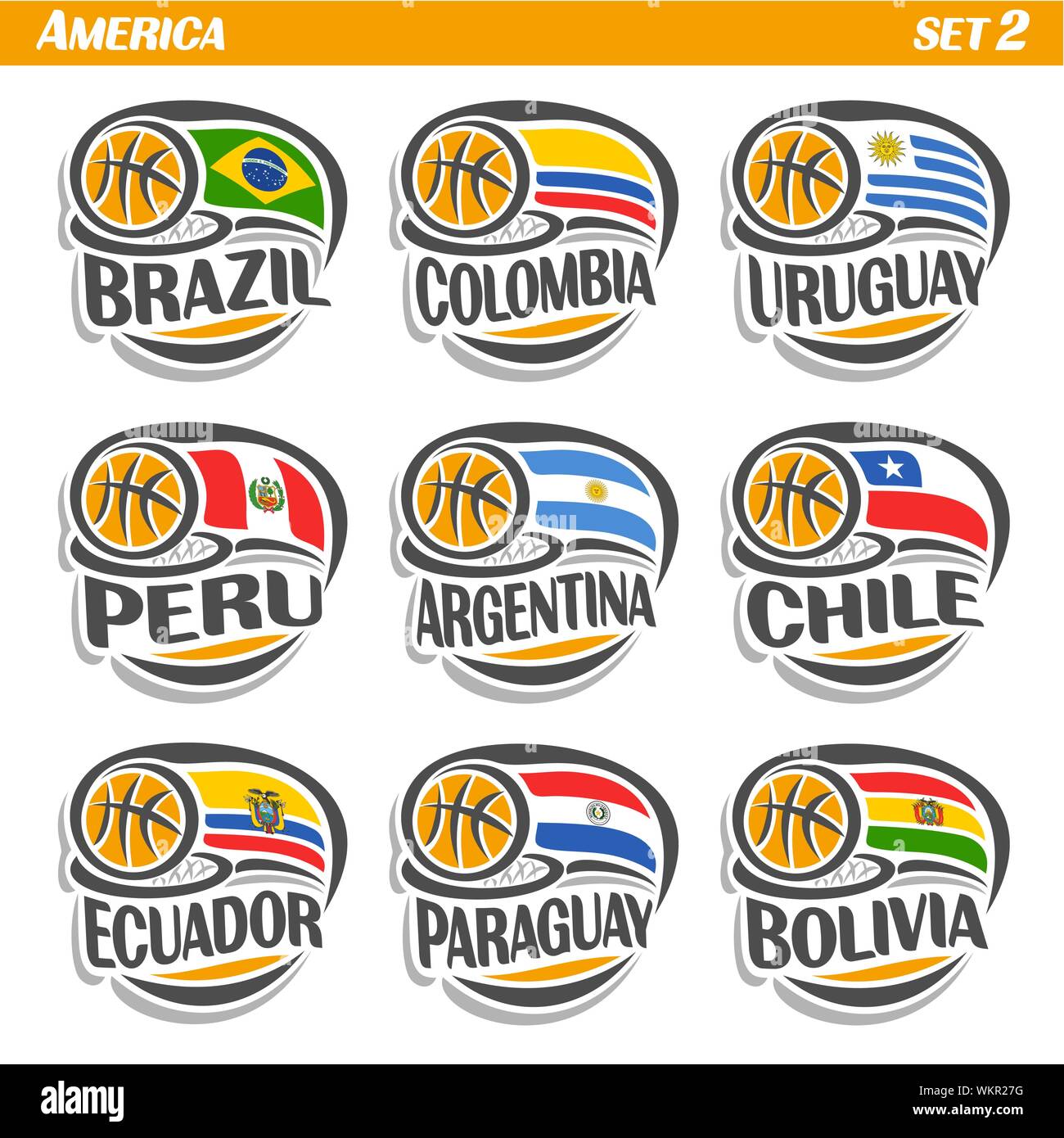 Vector set with Flags of American Countries with Basketball Ball Stock ...