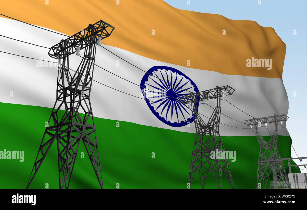 power lines against background flag of India. 3d rendering Stock Photo ...