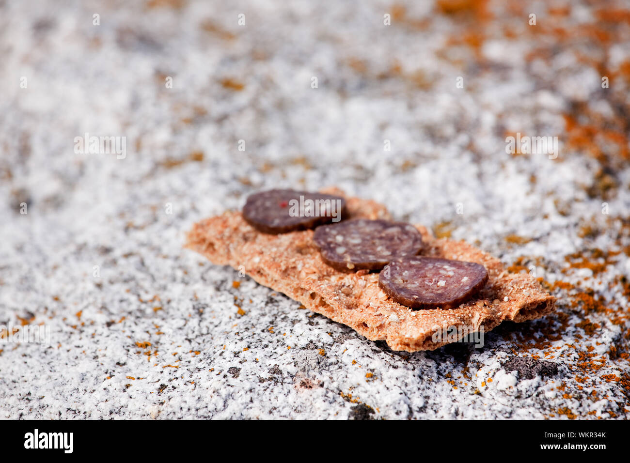 A cracker with slices of meat - Shallow depth of field with focus on ...
