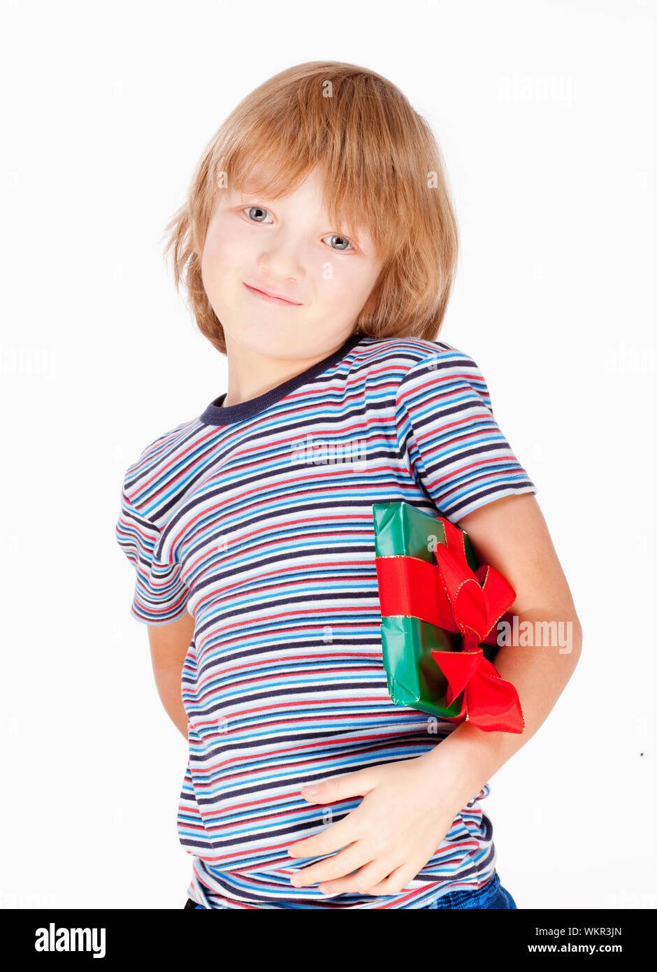 Boy Holding a Present - Isolated on White Stock Photo - Alamy