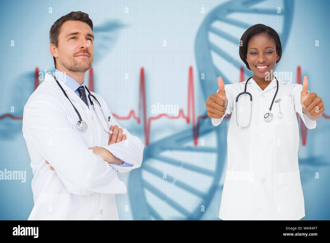 Composite image of happy medical team against blue medical background ...