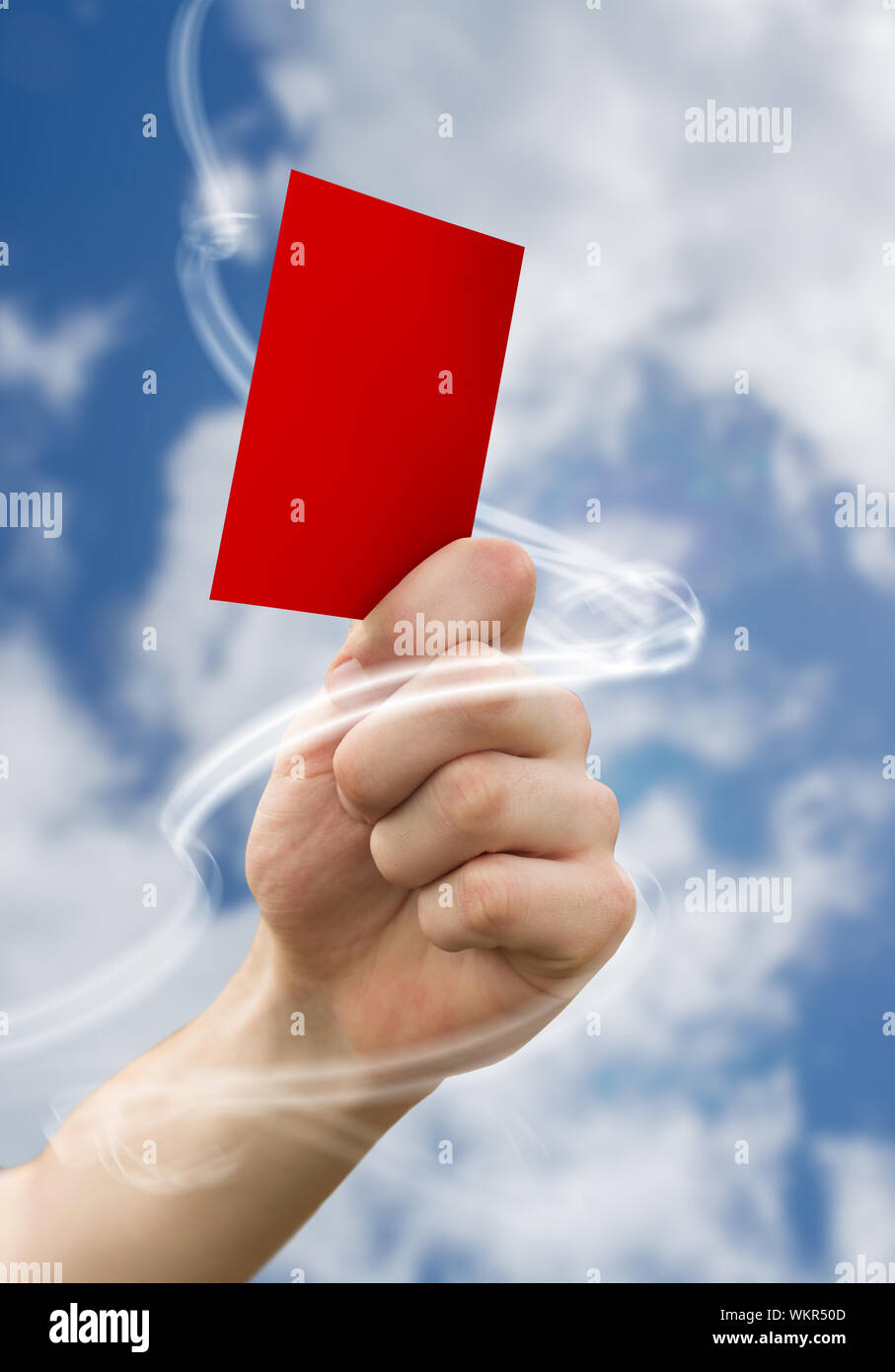 Hand holding up red card against bright blue sky with clouds Stock ...
