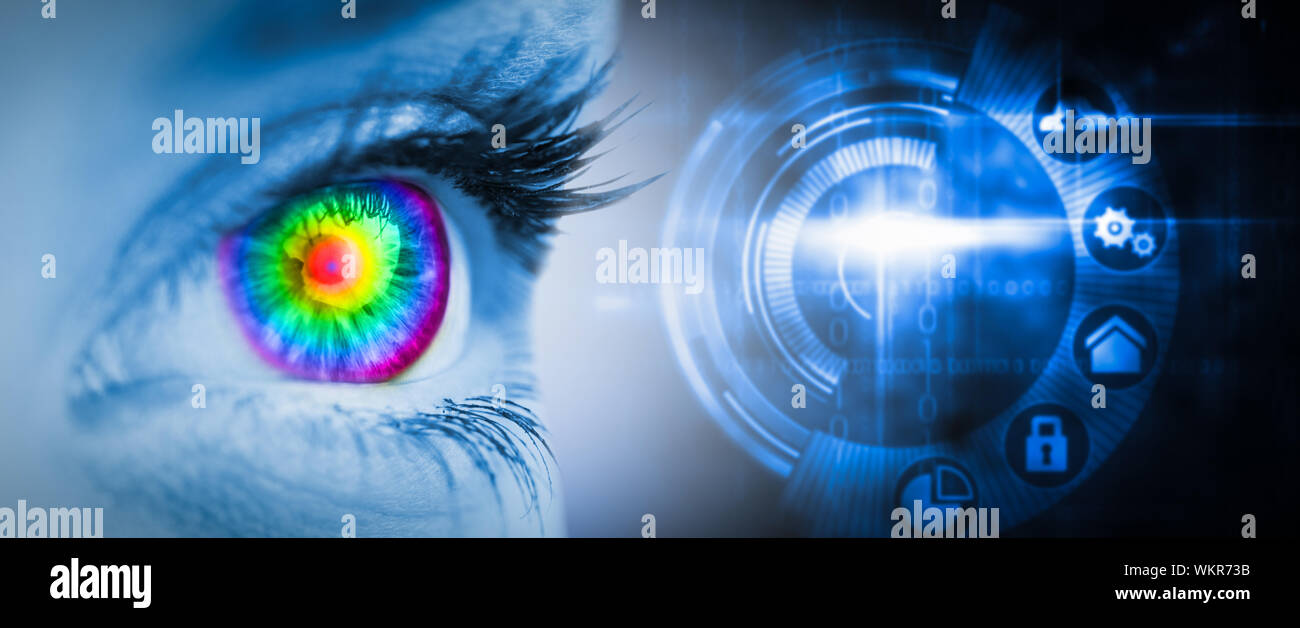 Pyschedelic eye on blue face against black technology interface with ...