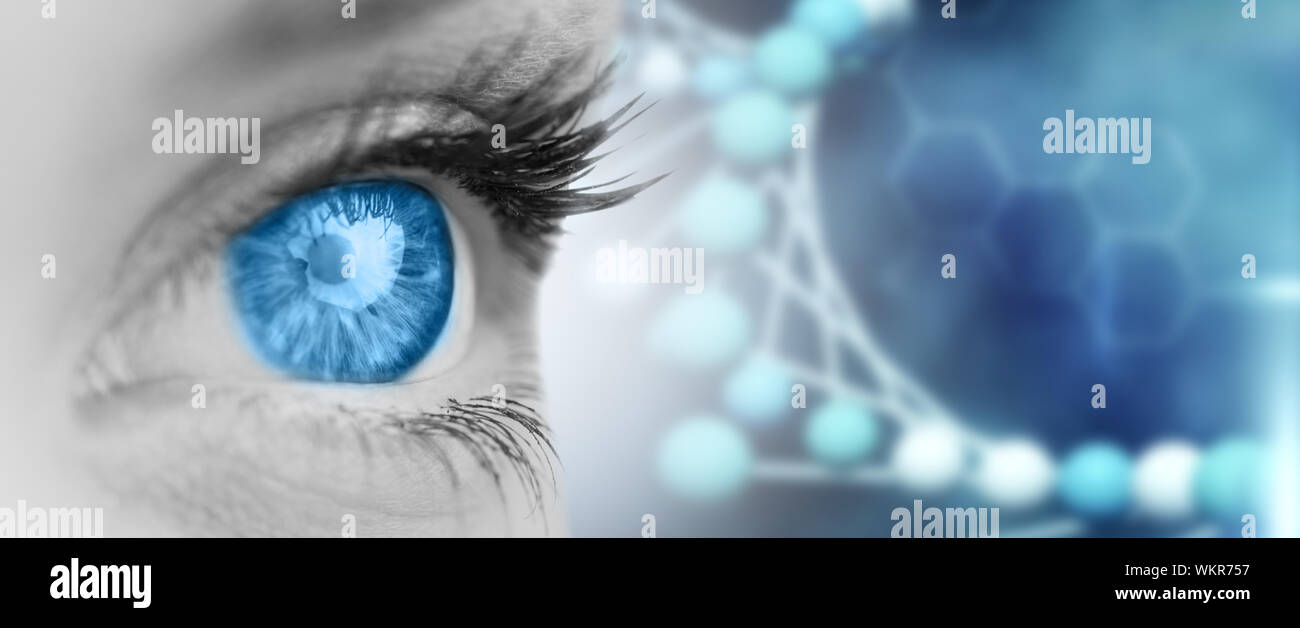 Blue eye on grey face against blue dna strand with chemical structures ...