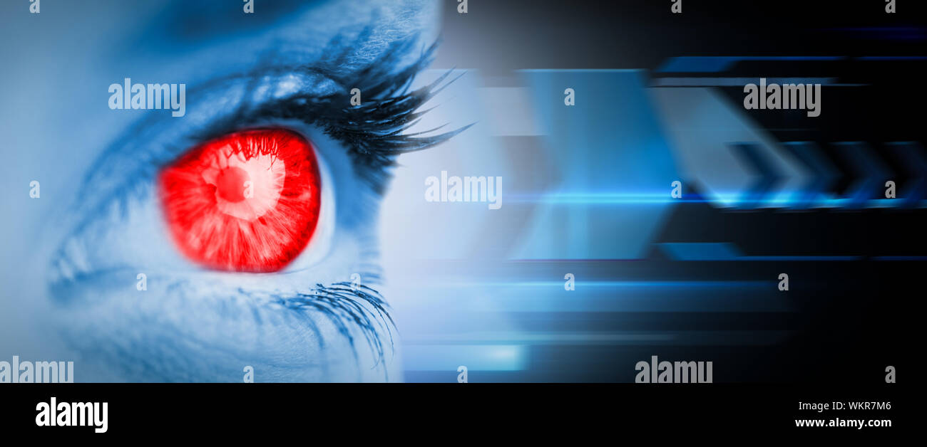 Red eye on blue face against arrows on technical background Stock Photo ...