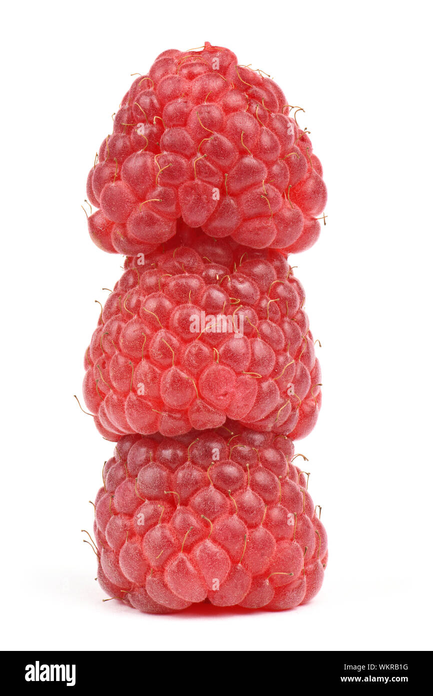 Three red raspberry berries isolated on white background. High ...