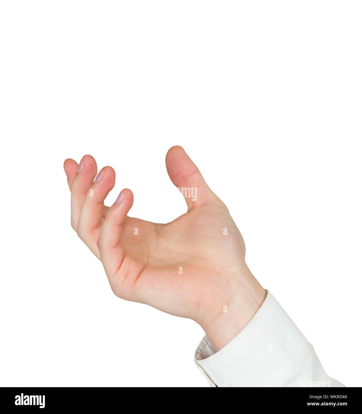 Businessman holding hand out in presentation on white background Stock ...