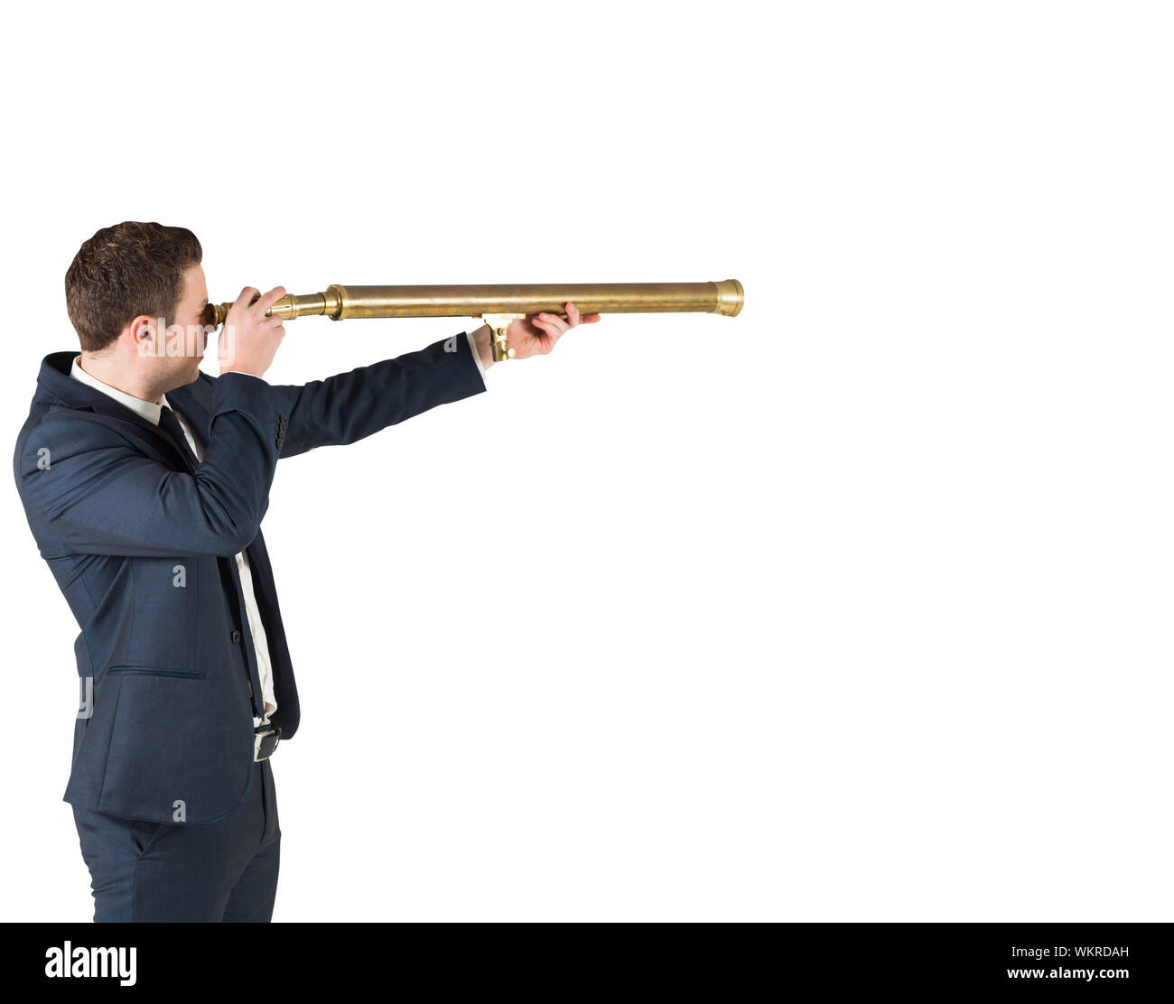 Businessman standing and looking through telescope on white background ...