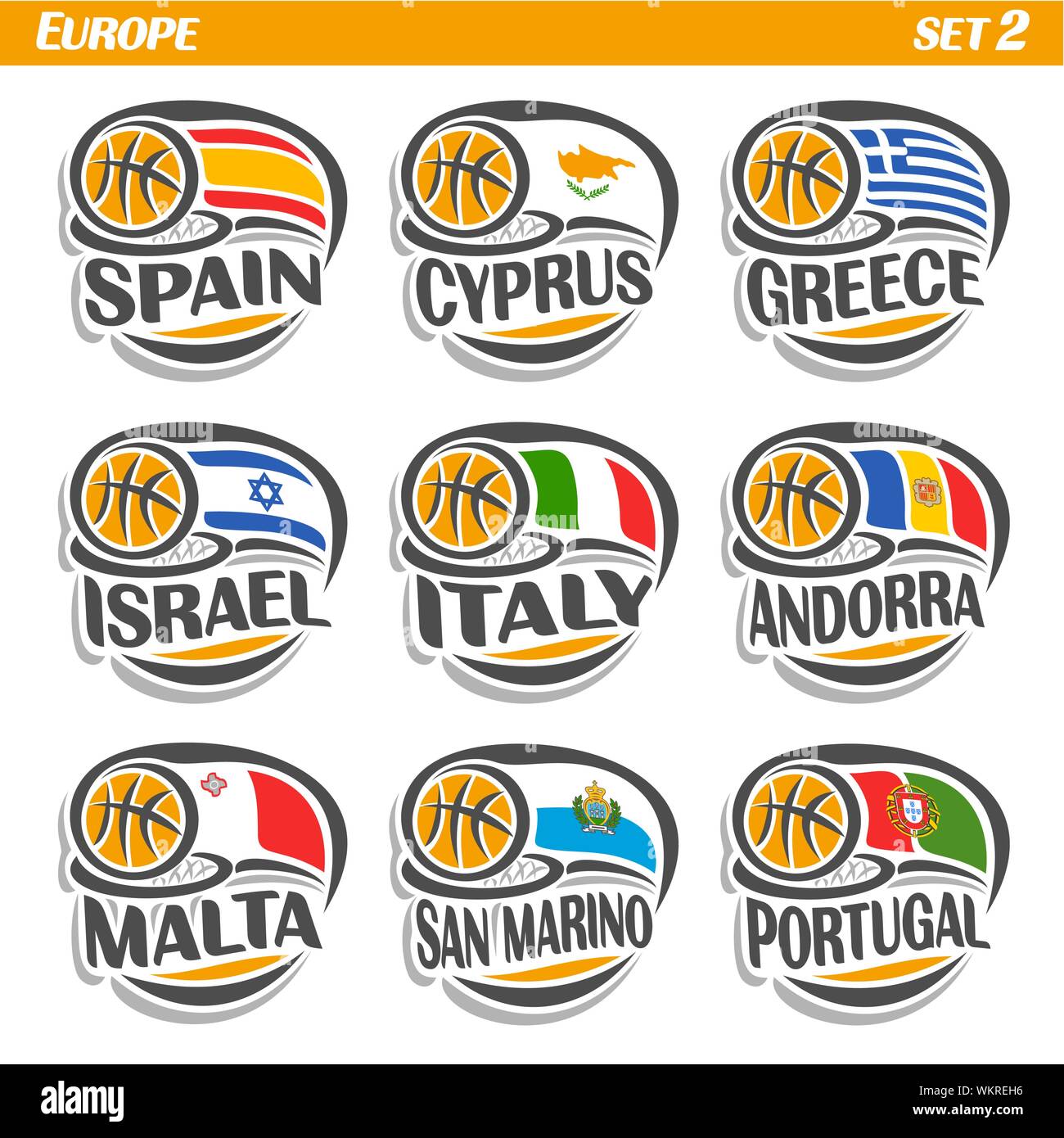 Vector set with Flags of European Countries with Basketball Ball Stock ...