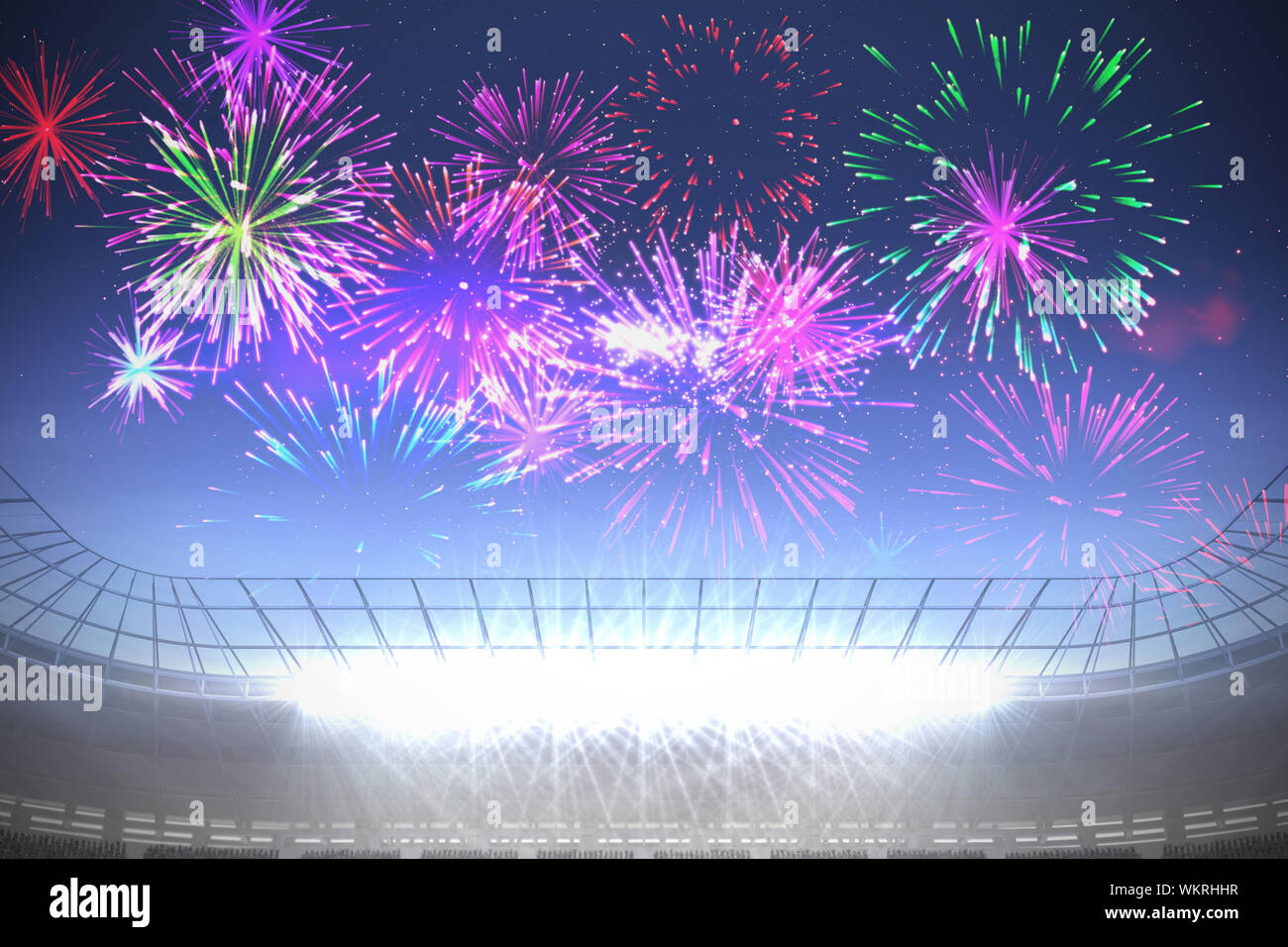 Digitally generated fireworks exploding over football stadium Stock ...