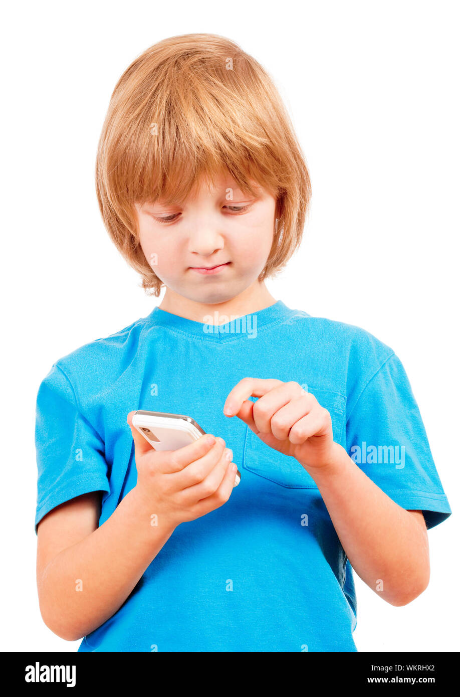 Boy Sending Text Message on Mobile Phone - Isolated on White Stock ...