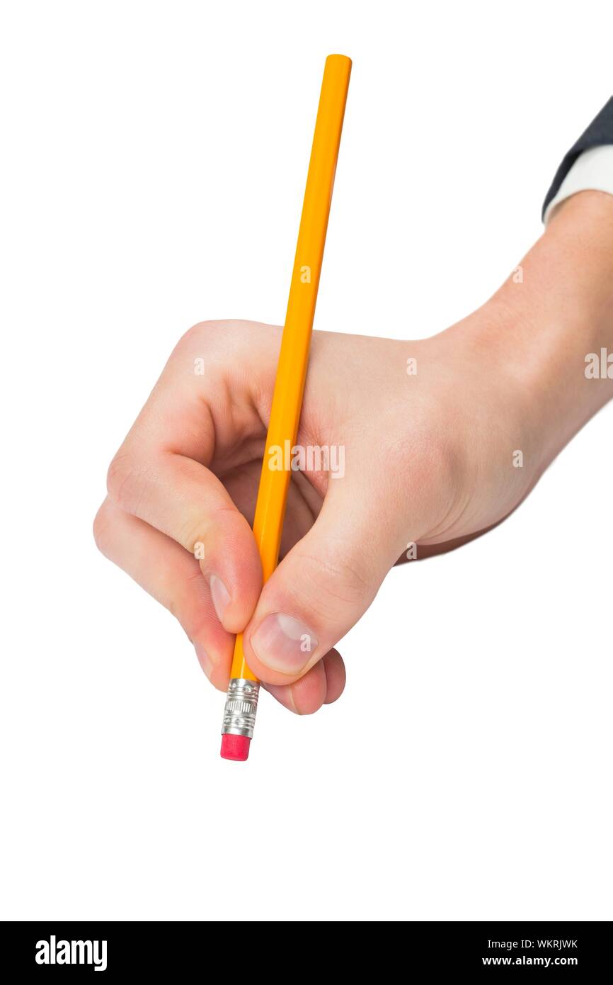 Hand using eraser on pencil on white background Stock Photo - Alamy