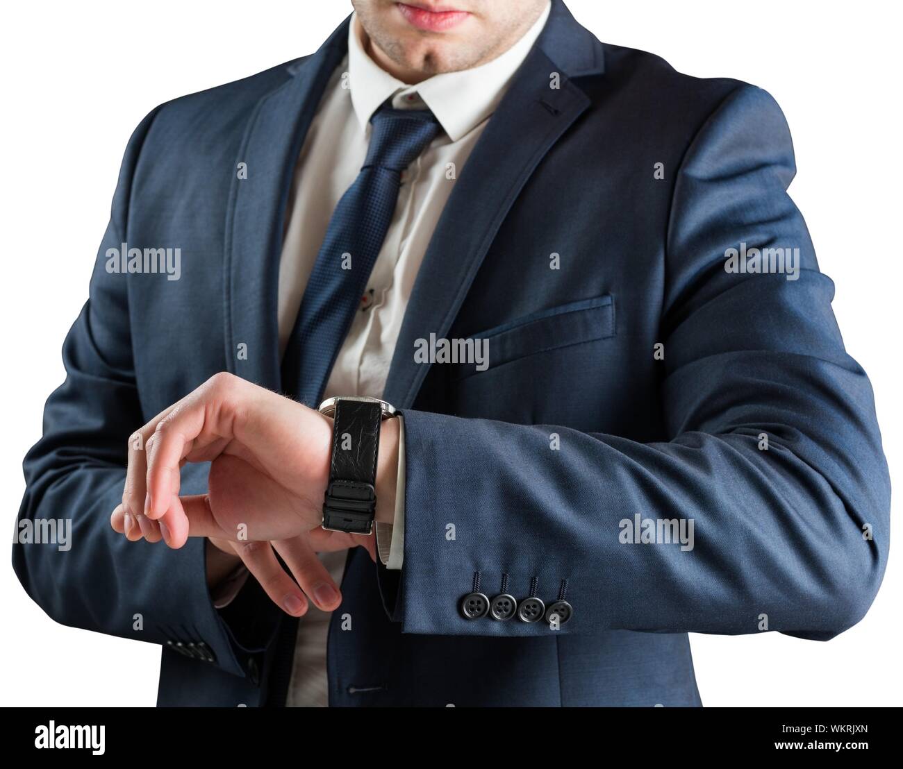 Businessman checking the time on watch on white background Stock Photo ...
