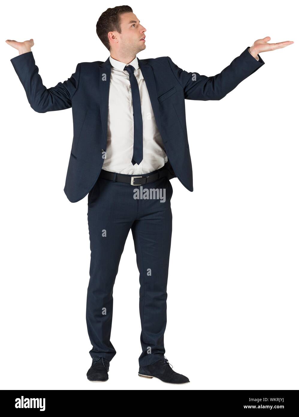 Businessman standing with arms out on white background Stock Photo - Alamy