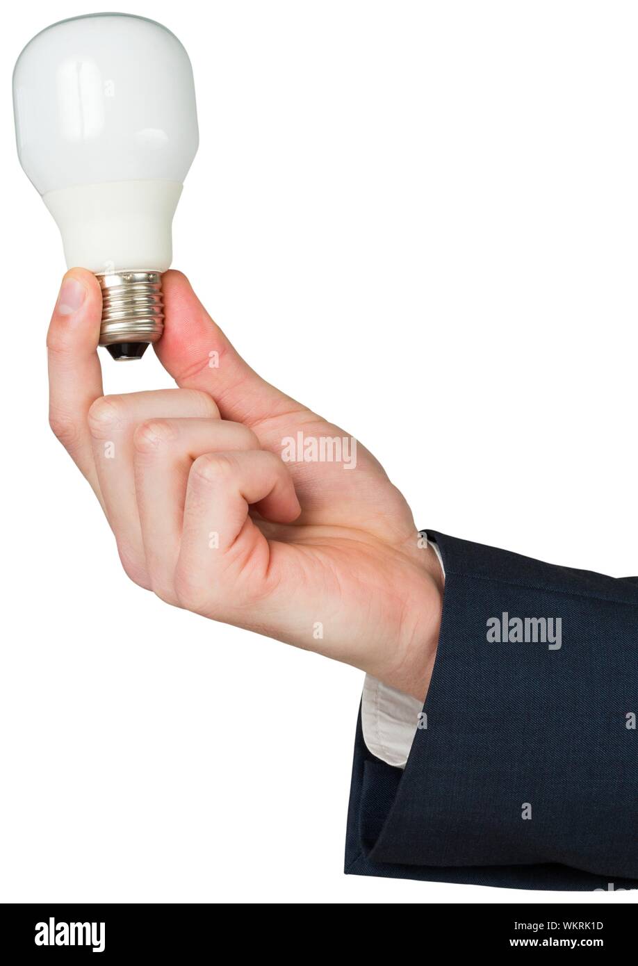 Hand holding energy saving light bulb on white background Stock Photo ...