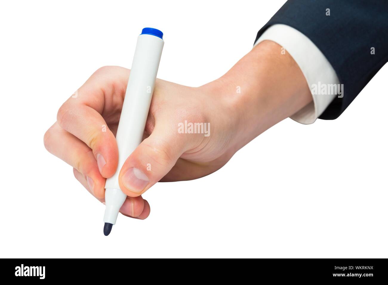 Hand writing with blue marker on white background Stock Photo - Alamy