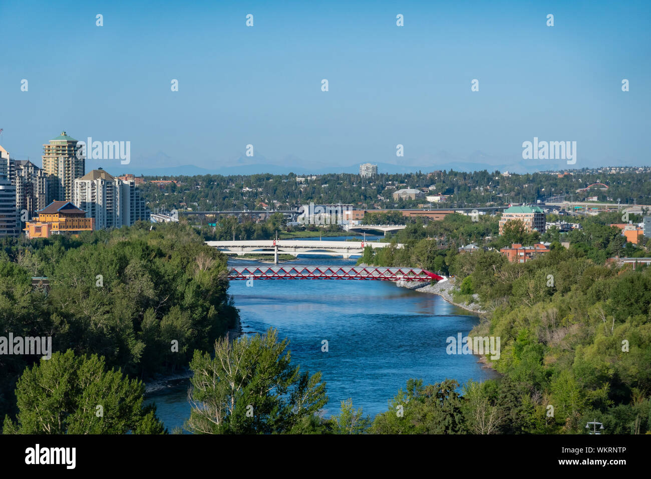Morning aerial view of the famous red Peace Bridge and downtown ...