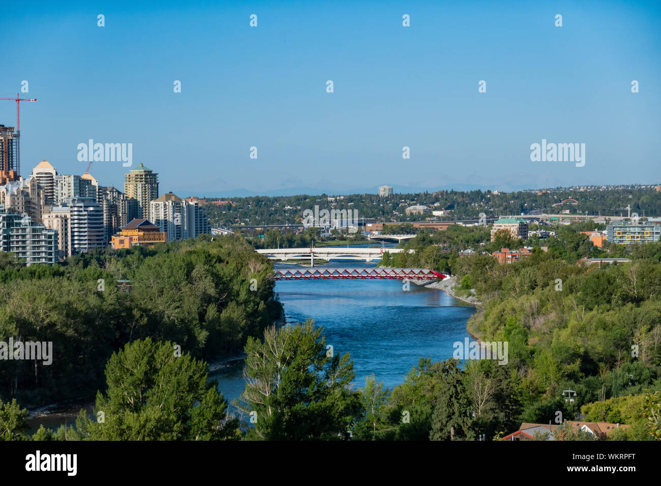 Morning aerial view of the famous red Peace Bridge and downtown ...