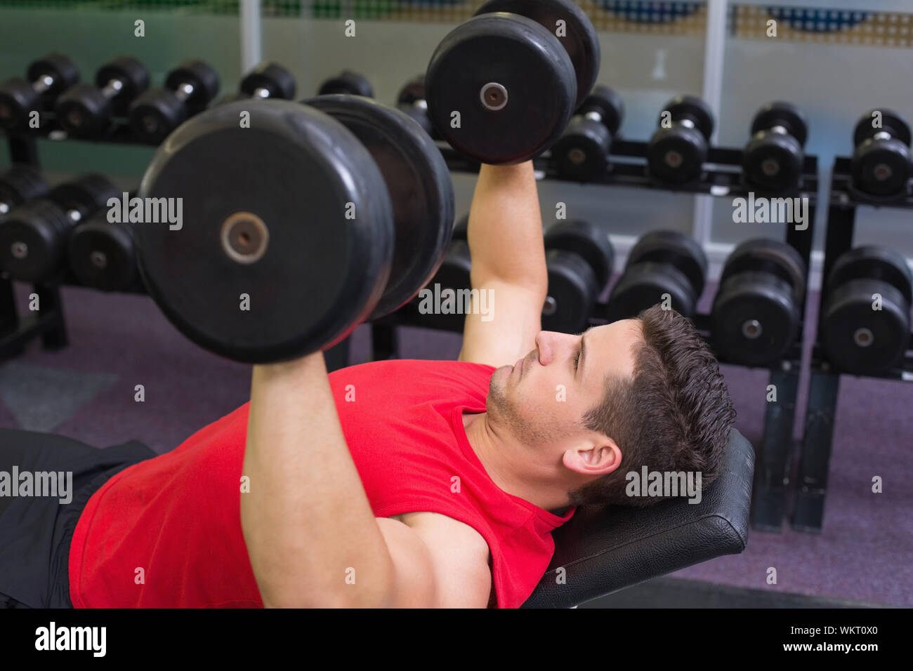 Bodybuilder lying on bench lifting dumbbells at the gym Stock Photo - Alamy