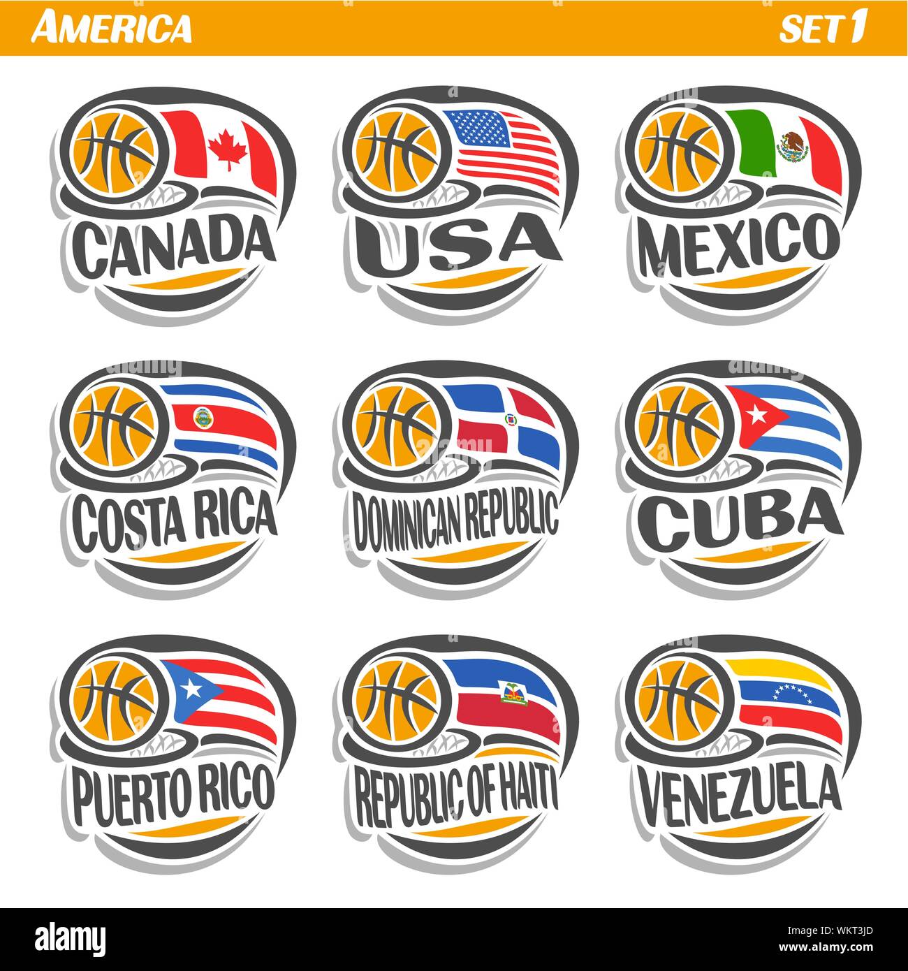 Vector set of Flags American Countries with Basketball Ball, icons with ...