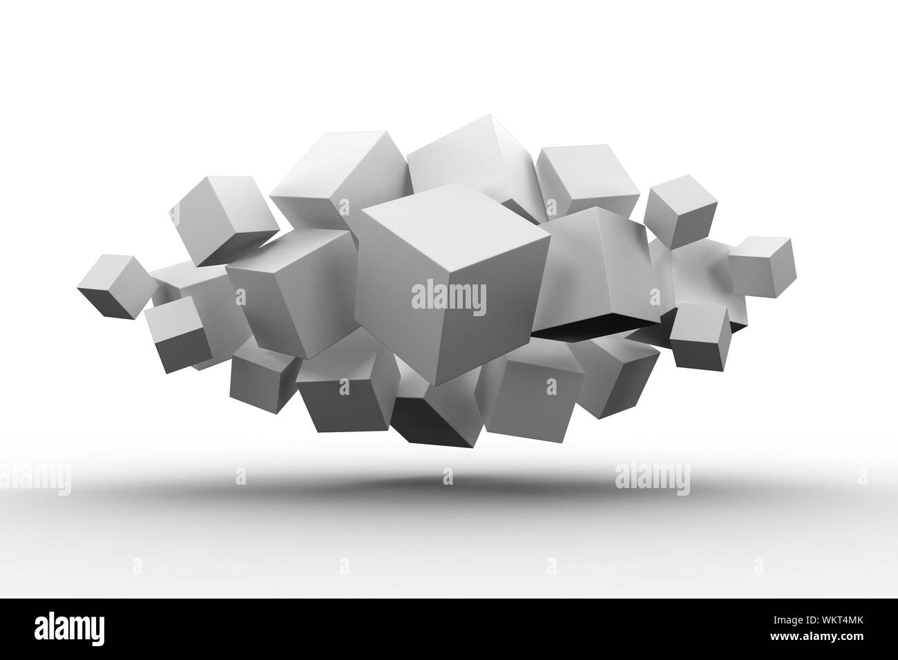 Grey cubes floating in a cluster on white background Stock Photo - Alamy