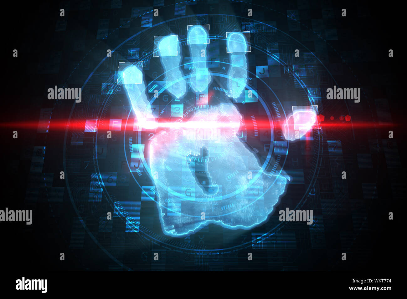 Digital security hand print scan in blue and black Stock Photo - Alamy