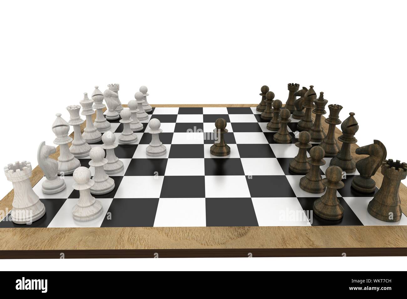 Chess pieces facing off on board on white background Stock Photo - Alamy
