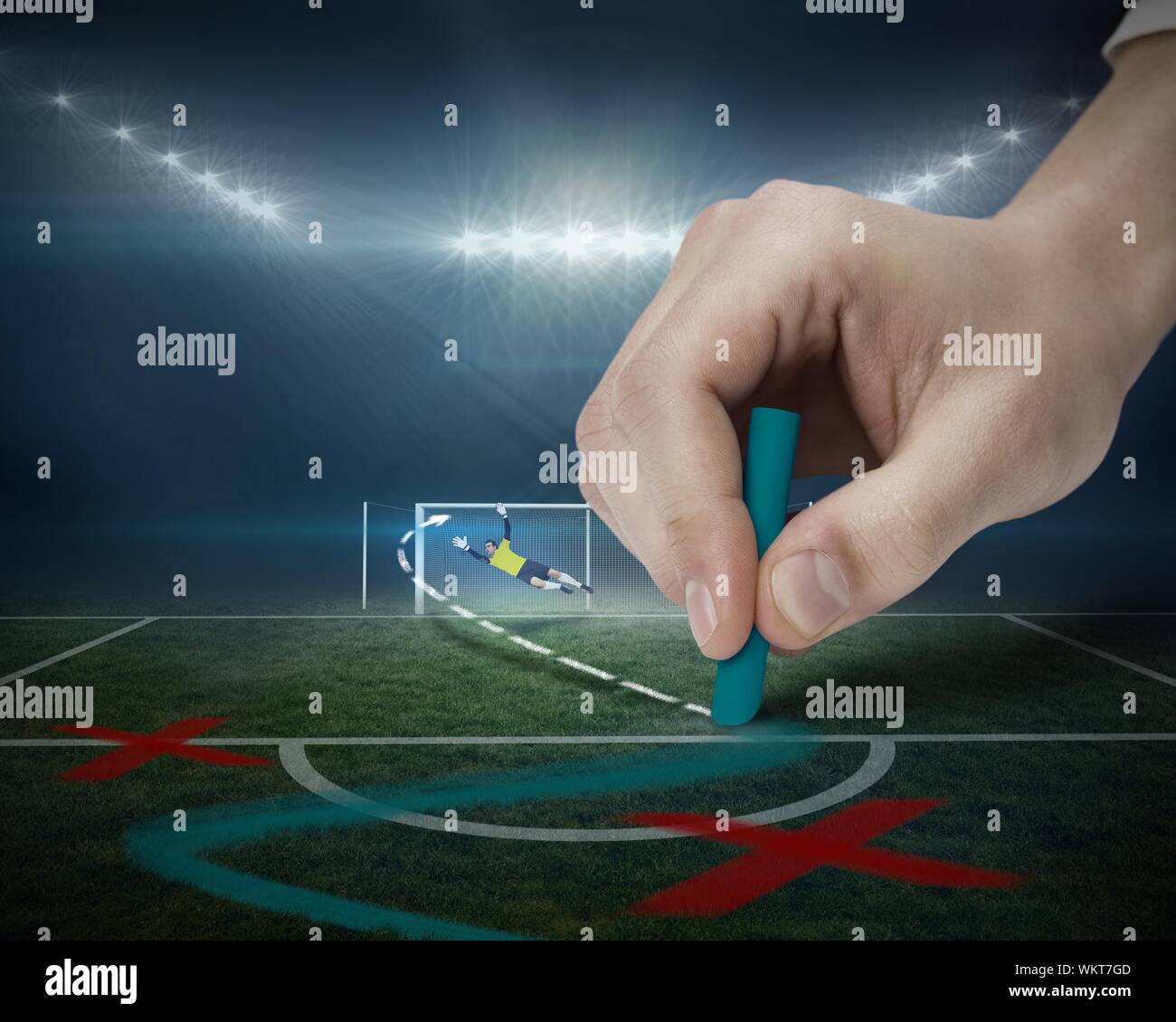 Digital composite of hand drawing tactics on football pitch Stock Photo ...