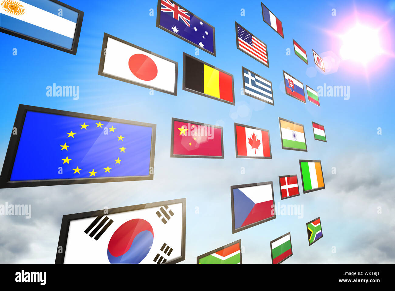 Digitally generated screen collage showing international flags Stock ...