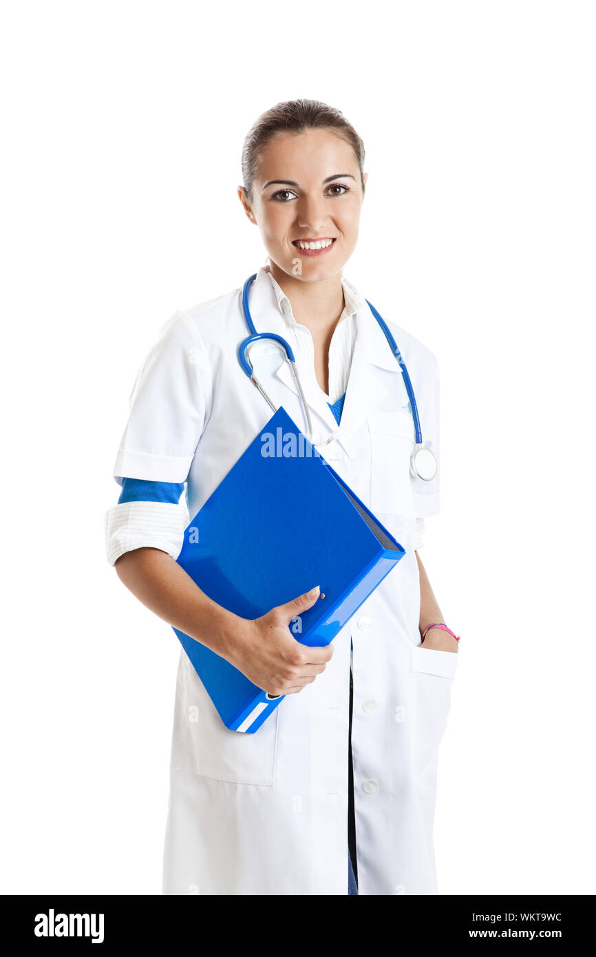 Beautiful young future nurse with stethoscope isolated on white ...