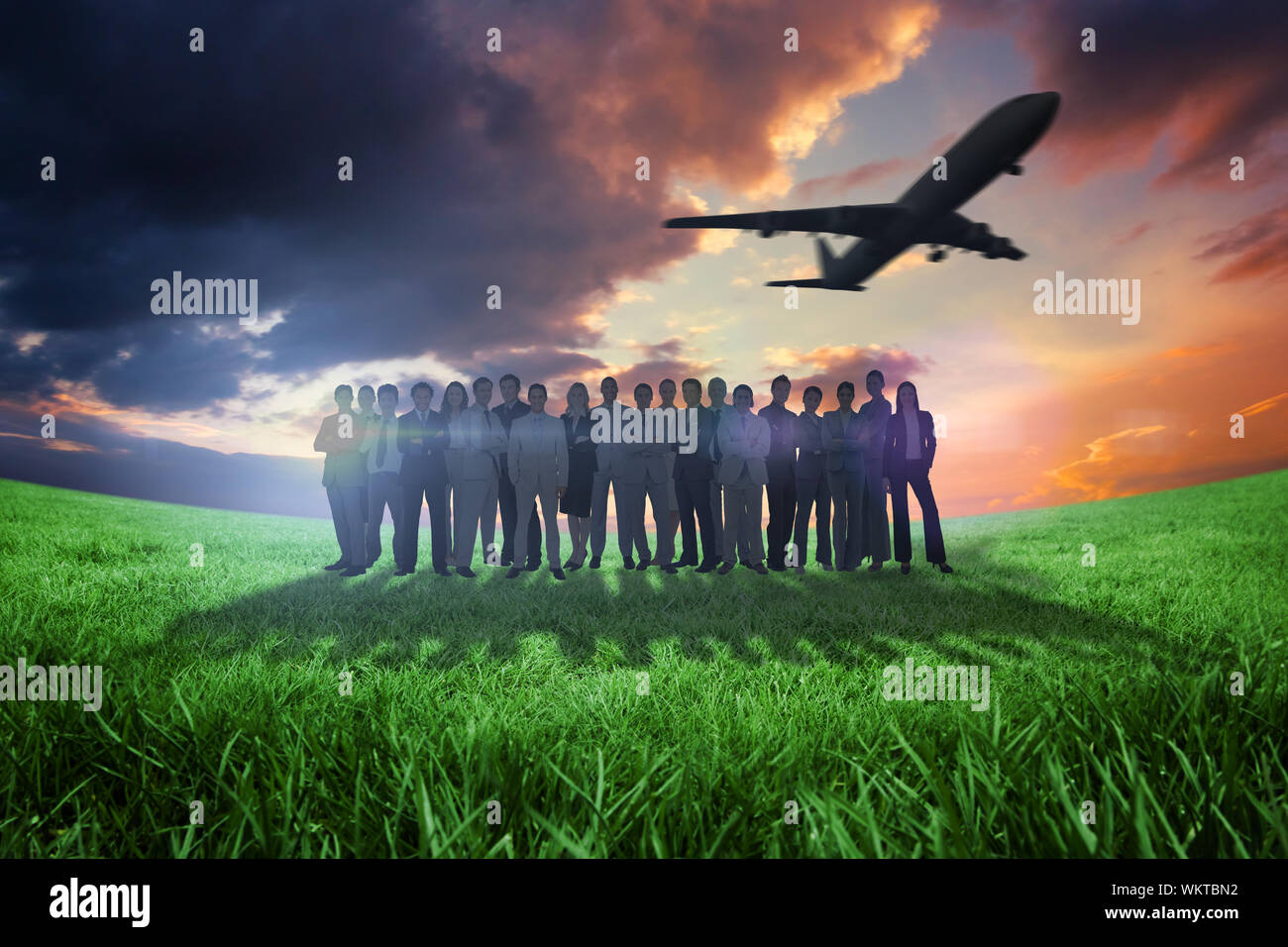 Business people standing up with airplane against green field under ...