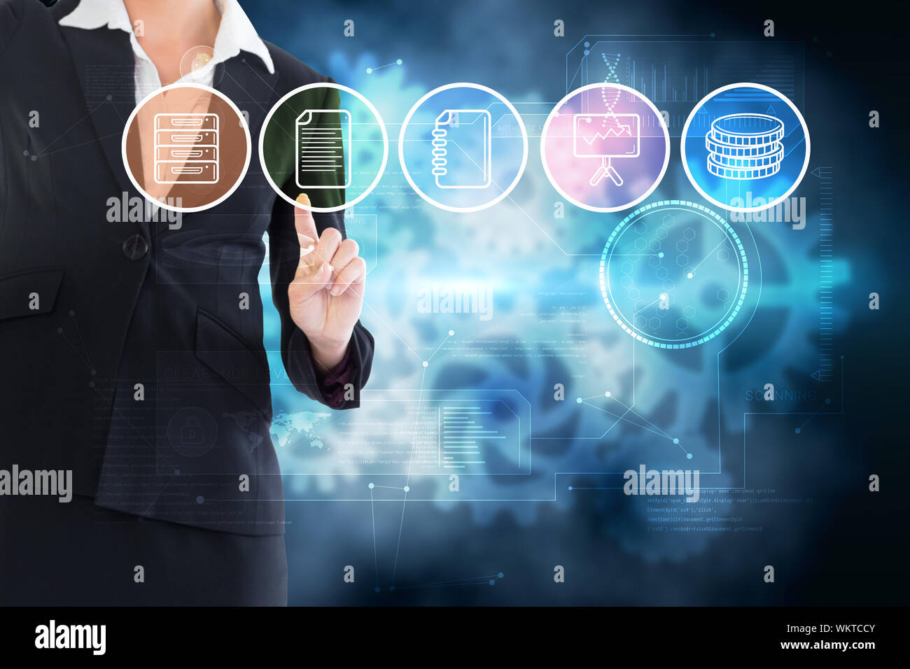 Businesswoman pointing at menu against cogs and wheels graphic Stock ...