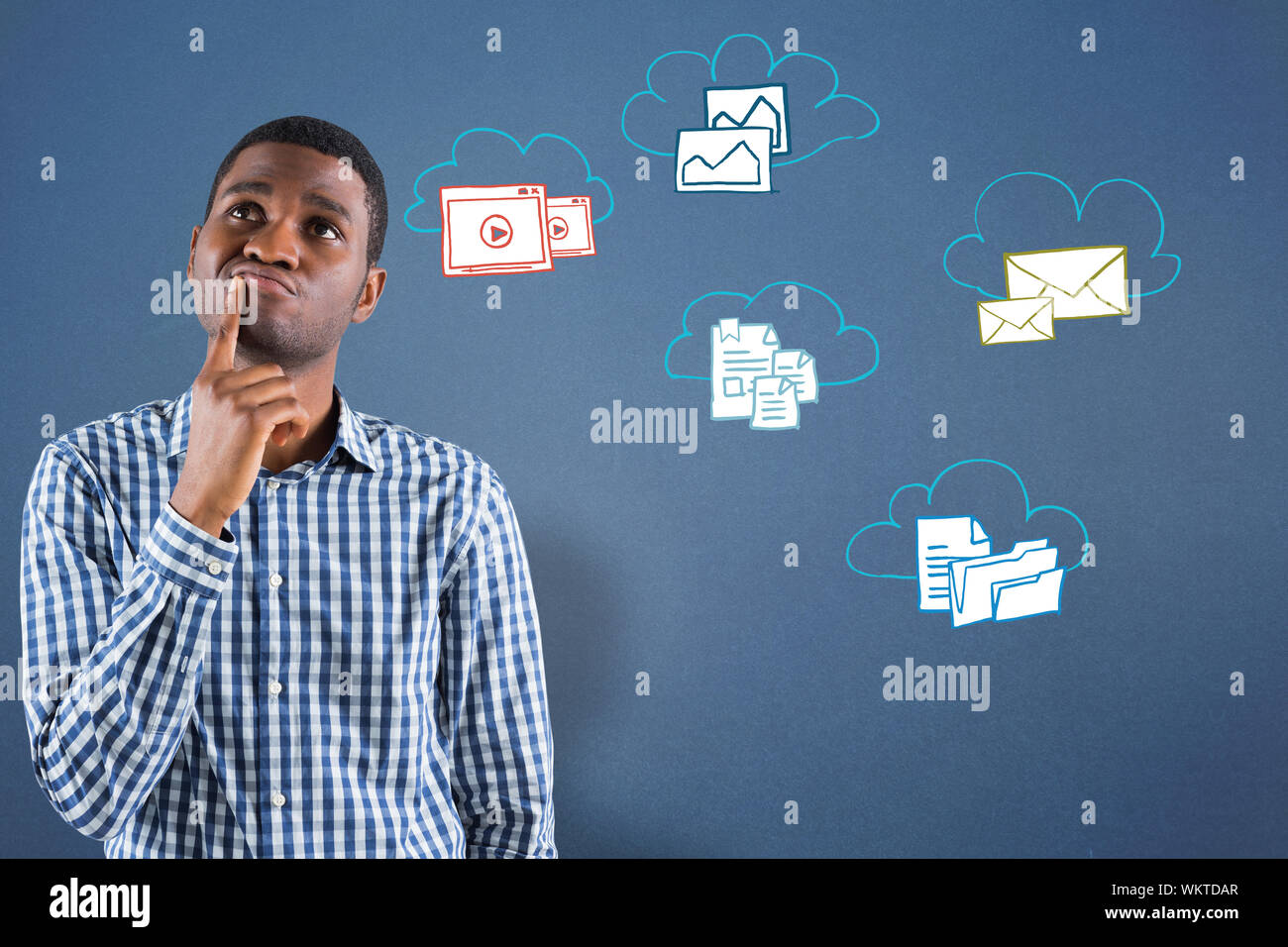 Young businessman thinking against blue background with technology ...