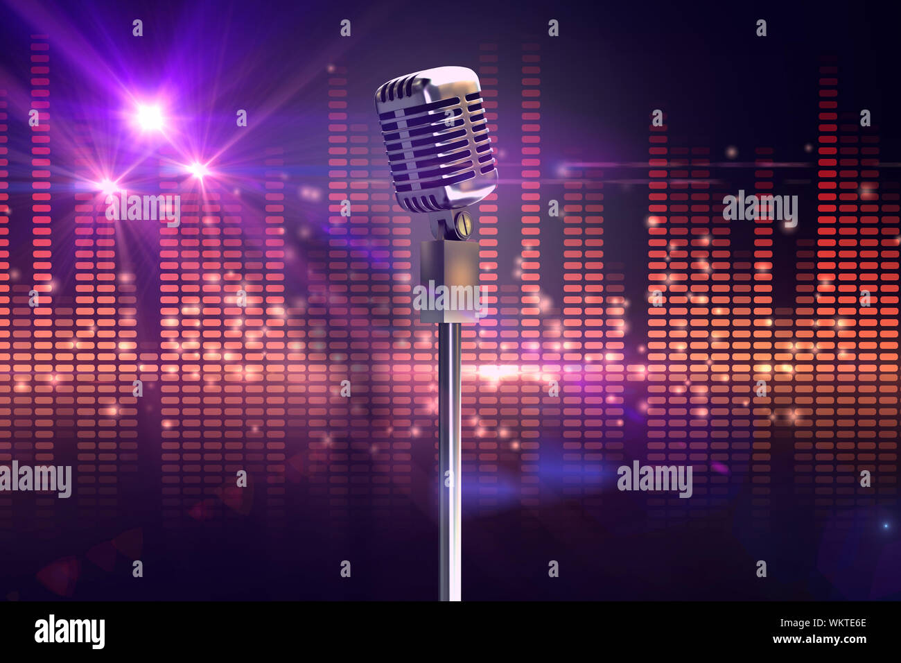 Retro microphone on stand against digitally generated disco light ...