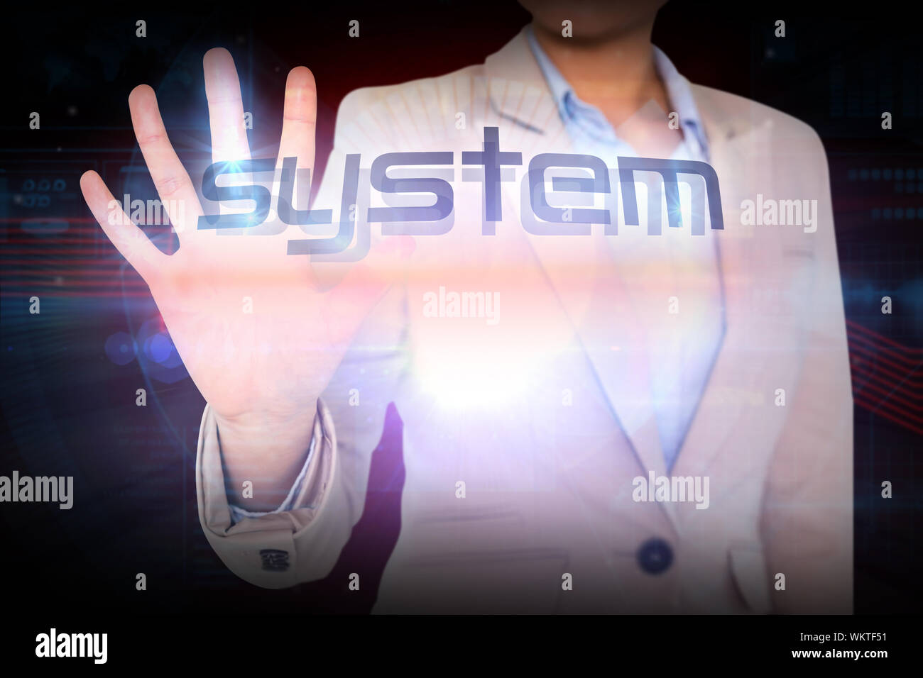 Businesswoman presenting the word system against shiny red statistic on ...