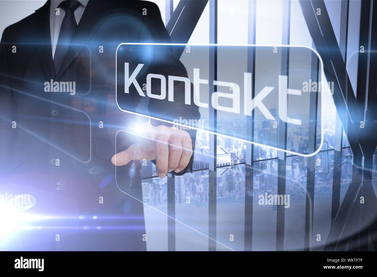 Businessman presenting the word contact in german against room with ...