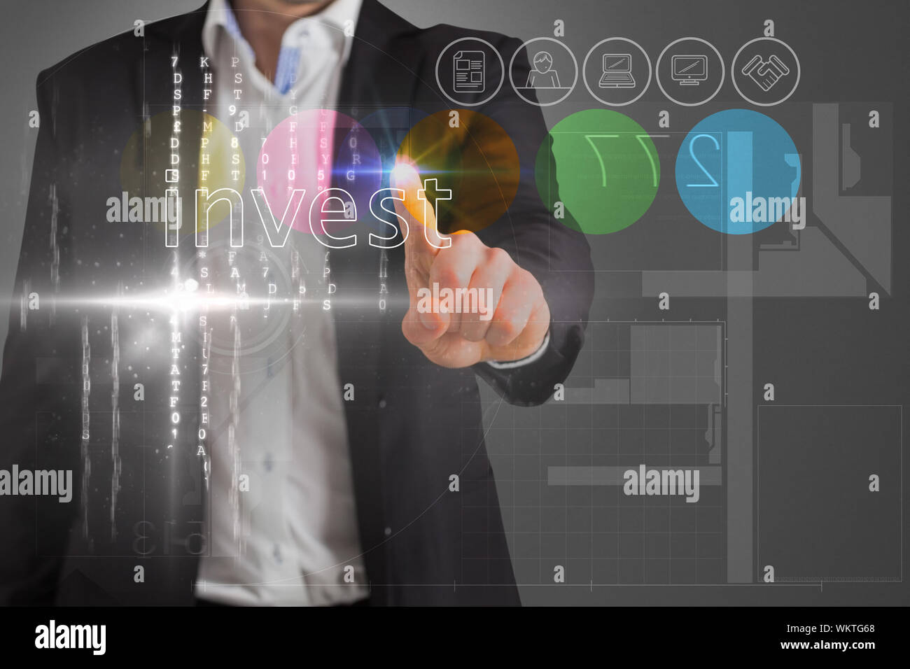 Businessman touching the word invest on interface against grey vignette ...