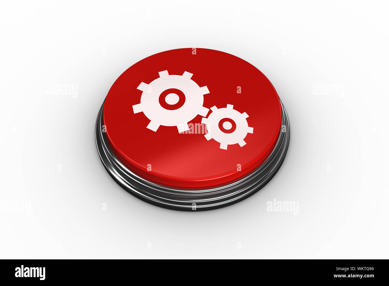 Composite image of cog and wheel on digitally generated red push button ...