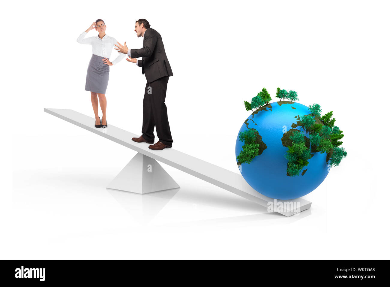 White scales measuring business people and earth on white background ...