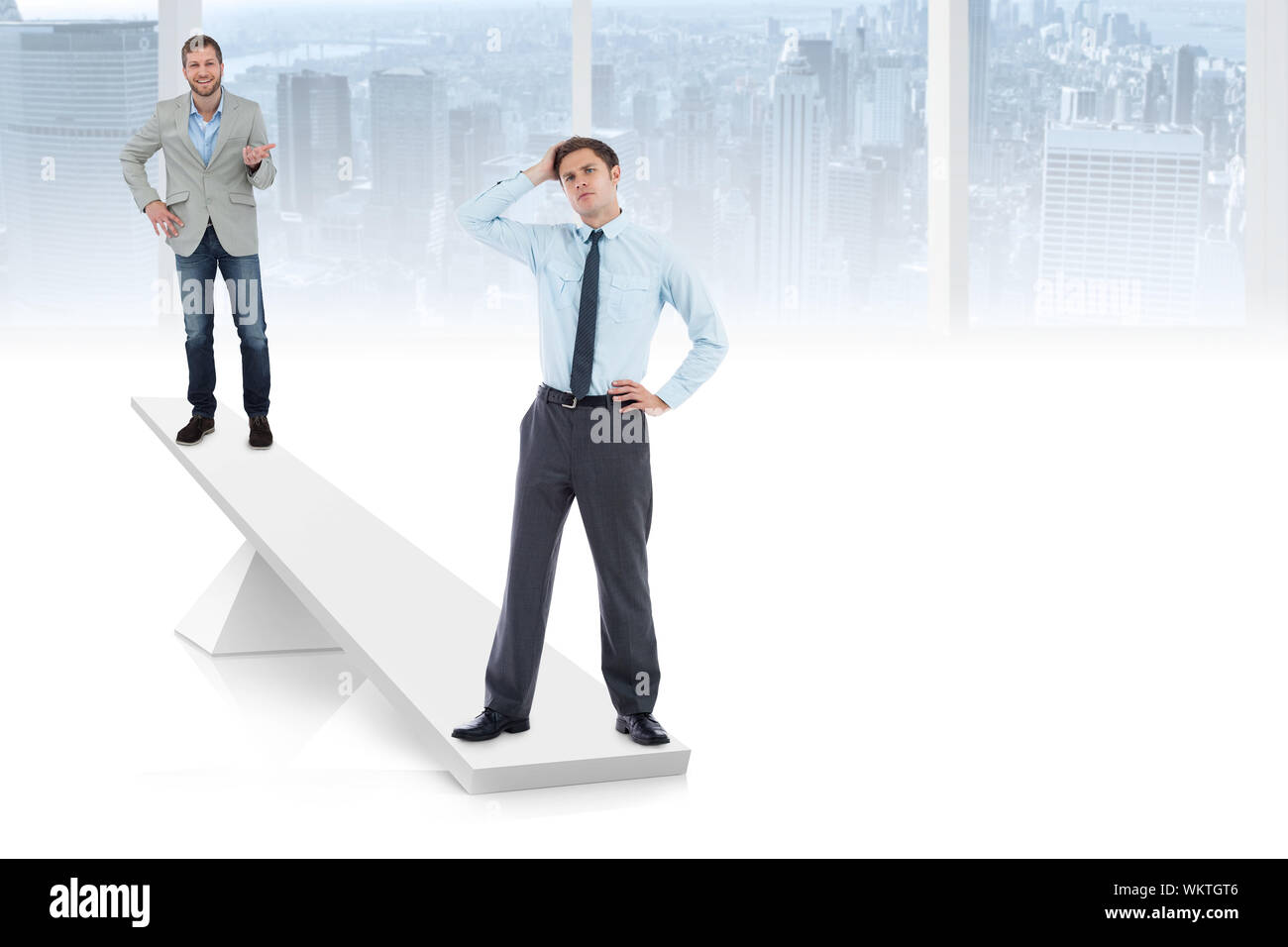 White scales weighing businessmen in white room overlooking city Stock ...