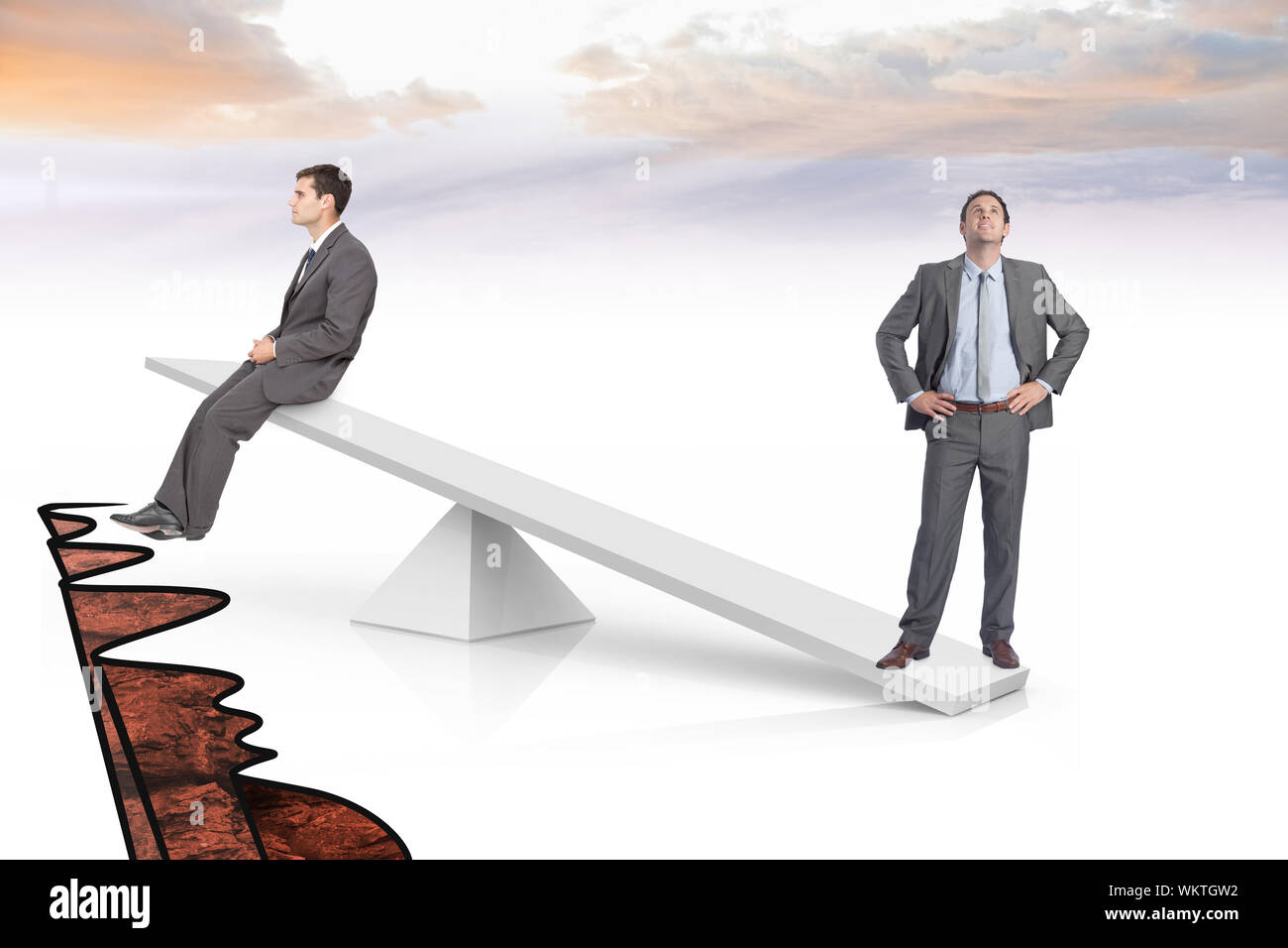 White scales weighing businessmen over cliff edge Stock Photo - Alamy