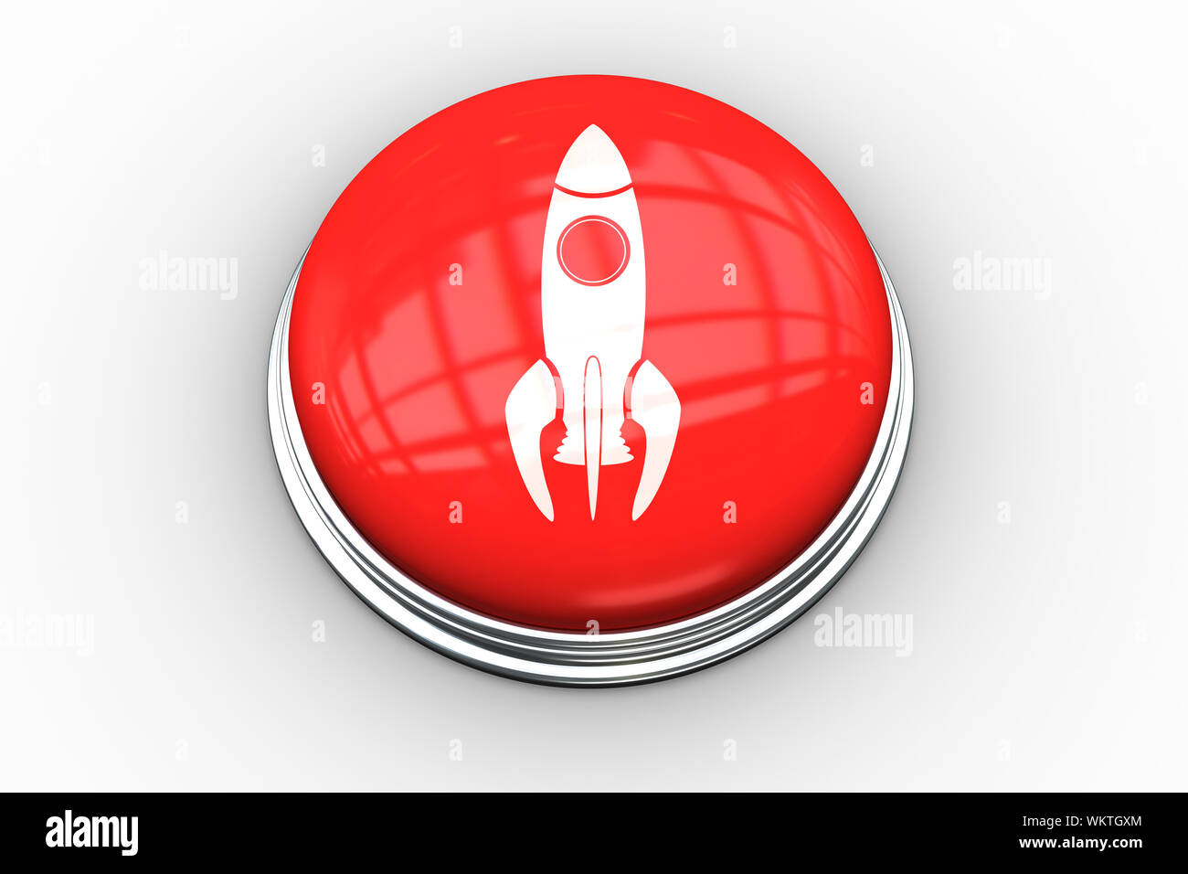 Rocket ship graphic on digitally generated red push button Stock Photo ...